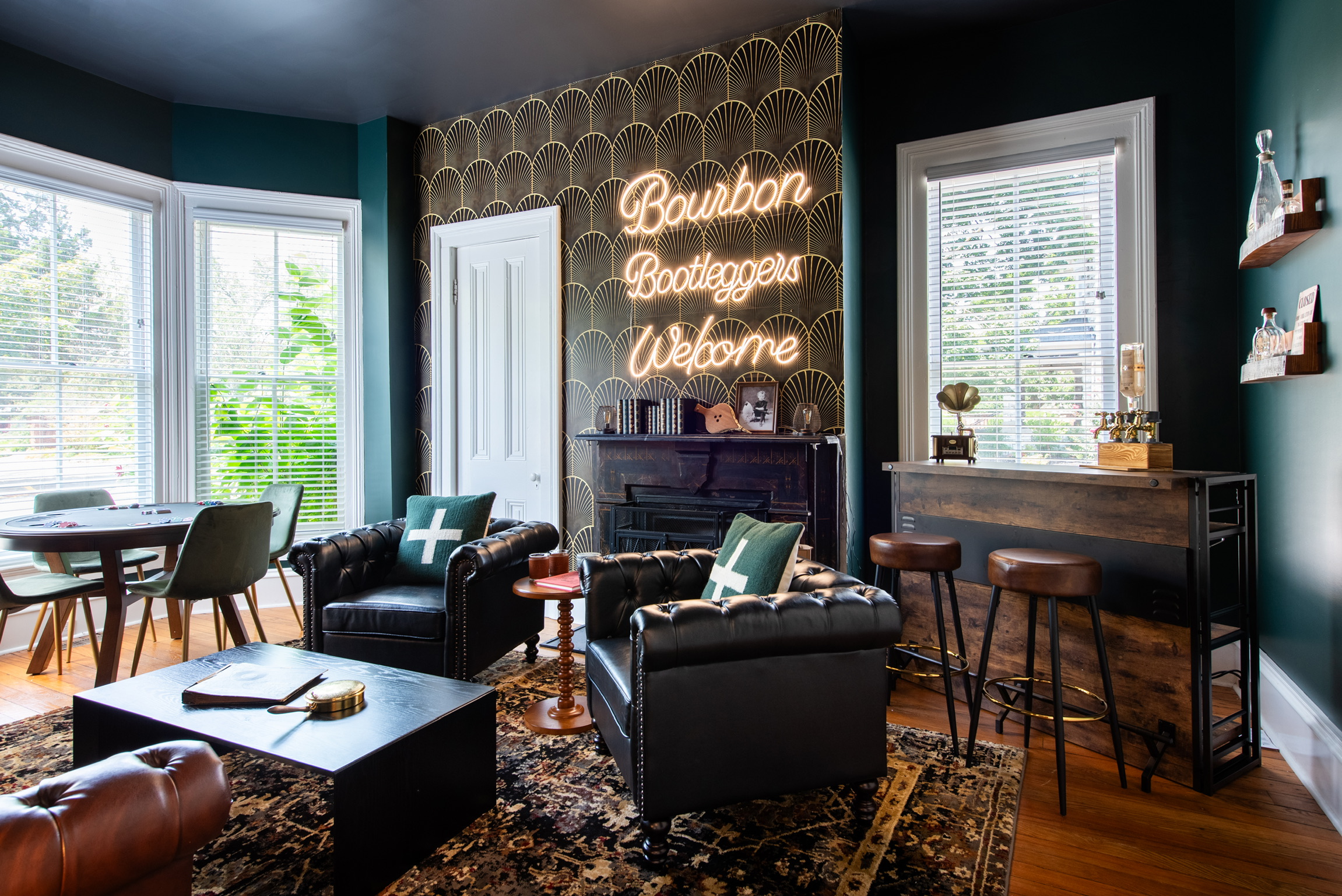 Bourbon Bootleggers Welcome themed room with vintage decor and leather ...